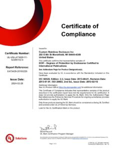 UL Certificate of IP Compliance | Custom Stainless Enclosures, Inc.